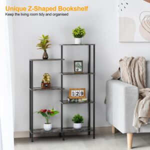 Ebeneze Bookshelf, Z-Shelf Bookcase, Freestanding Multifunctional Display Shelves, Wood Decorative Storage Shelving, 6-Tier Modern Shelf for Living Room, Home Office and Bedroom, Oak Grey