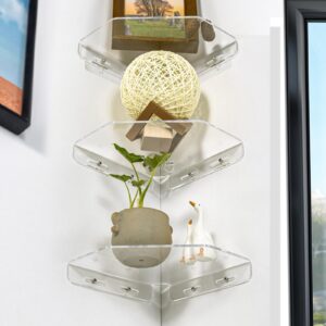 oaprire corner shelf wall mounted set of 3, easy-to-assemble corner floating shelves organizer with adhesive, acrylic corner wall shelf for living room bedroom bathroom kitchen (clear)