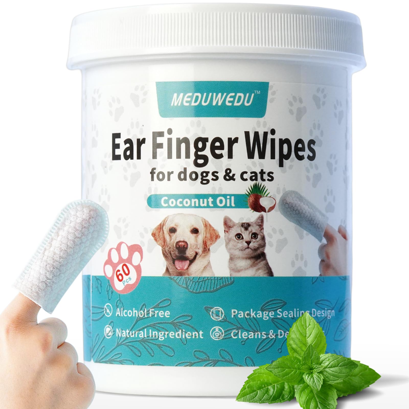 MEDUWEDU Ear Cleaner Finger Wipes 60 Counts, Dog Ear Cleaner, Grooming Kit Care for Dogs and Cats, Soft & Easy Otic Cleaning Pads, Remove Wax, Dirt & Stop Smelly, Itchy, Non-Irritating, Mint Scent