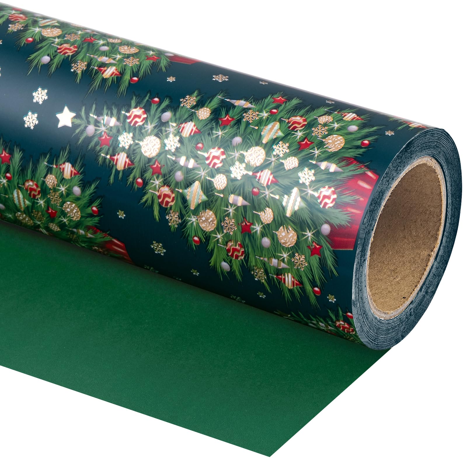 WRAPAHOLIC Reversible Christmas Wrapping Paper - Mini Roll - 17 Inch x 33 Feet - Green Christmas Tree Design for for Christmas, Holiday