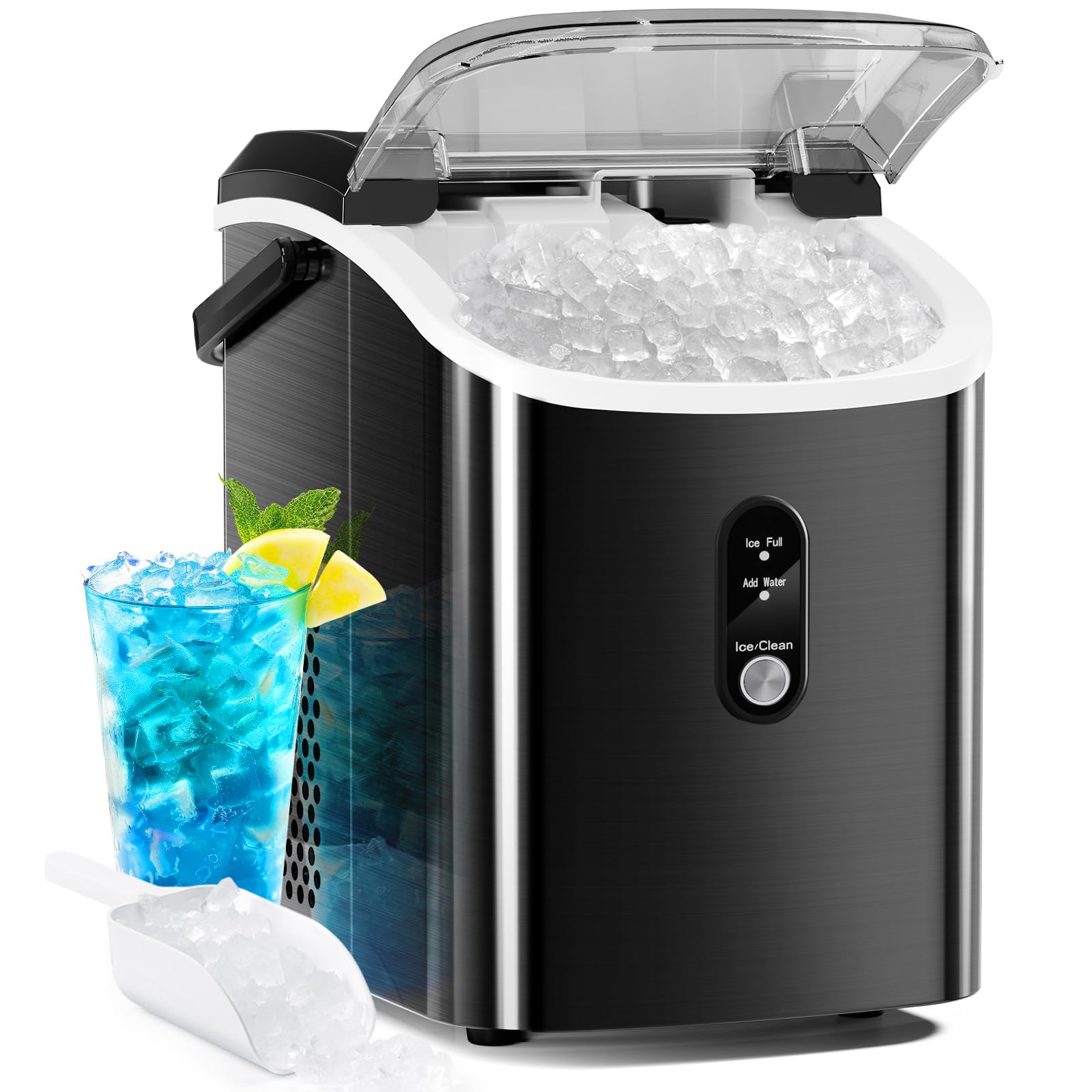 Antarctic Star Nugget Countertop Ice Maker with Soft Chewable Pellet Ice, 34Lbs/24H, Pebble Portable Ice Machine, Self-Cleaning, One Button Operation, for Kitchen, Bar Stainless Steel Black