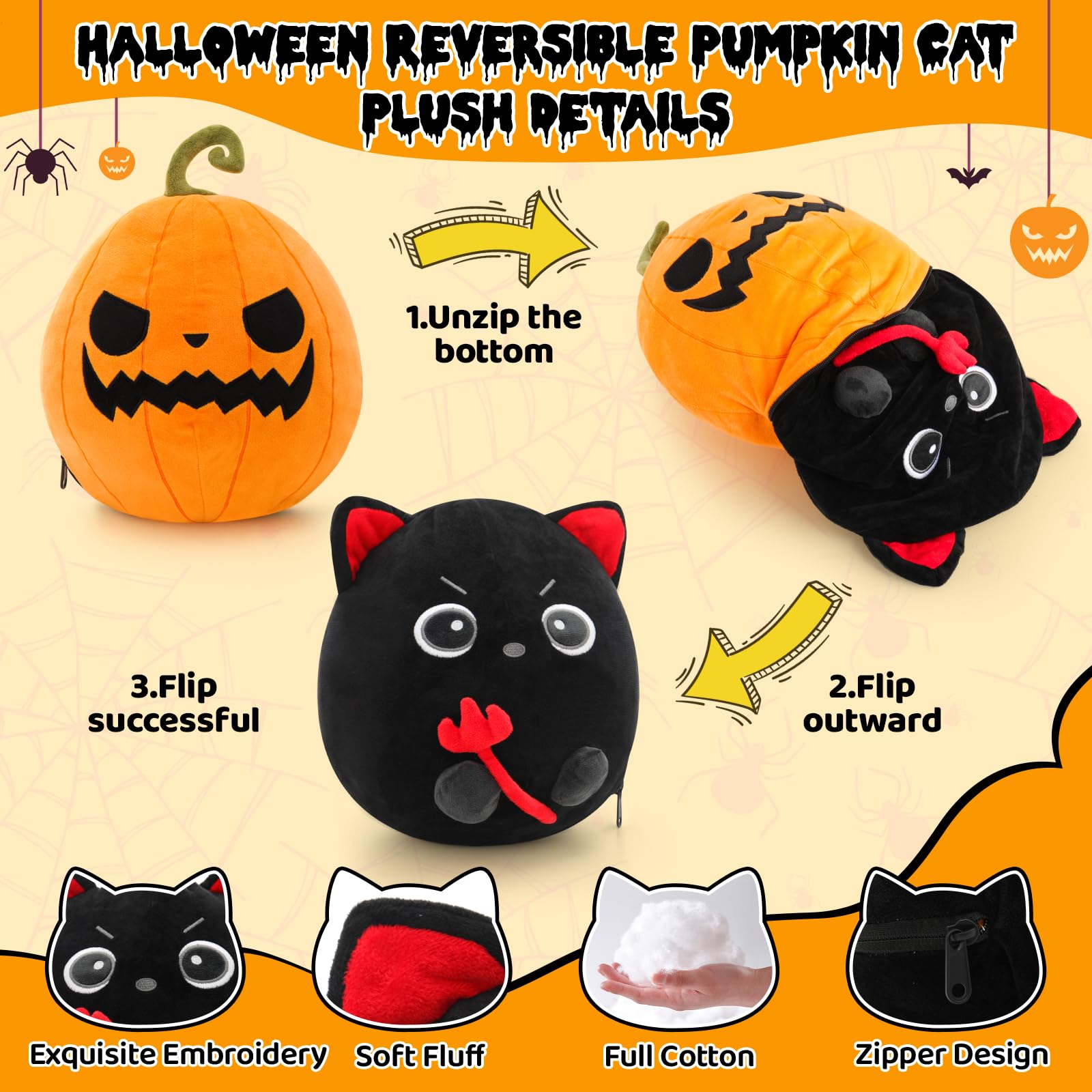 Emoin Halloween Plush 11.8" Reversible Halloween Pumpkin Cat Stuffed Animal Soft Black Cat Pumpkin Pillow Halloween Decor Birthday Gift for Kids