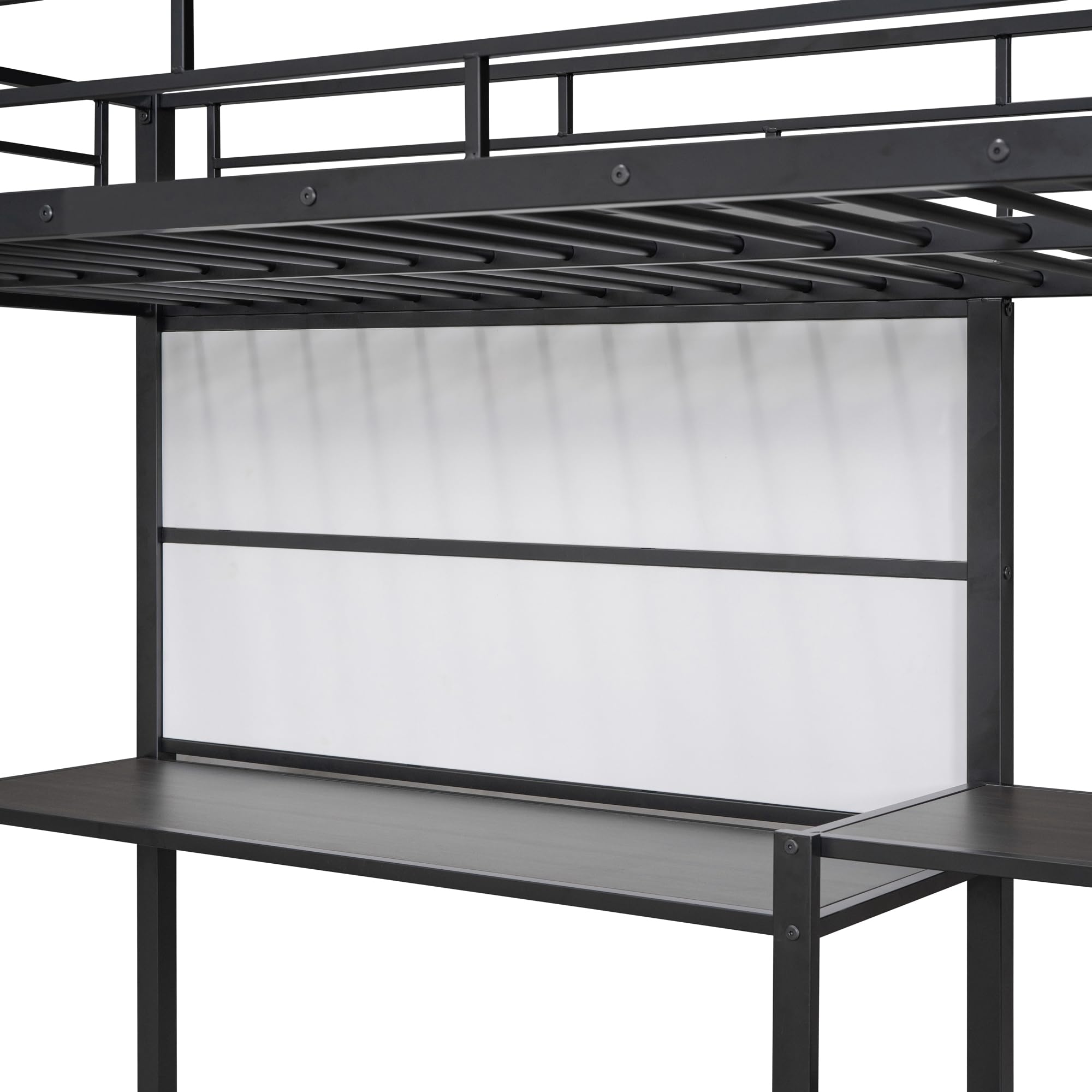 CABSETT Metal Loft Bed with Desk and Whiteboard, Twin Size Loft Bed with 3 Shelves and Ladder, Heavy-Duty Loft Bedframe for Kids Boys Girls Teens, Easy Assembly, Black