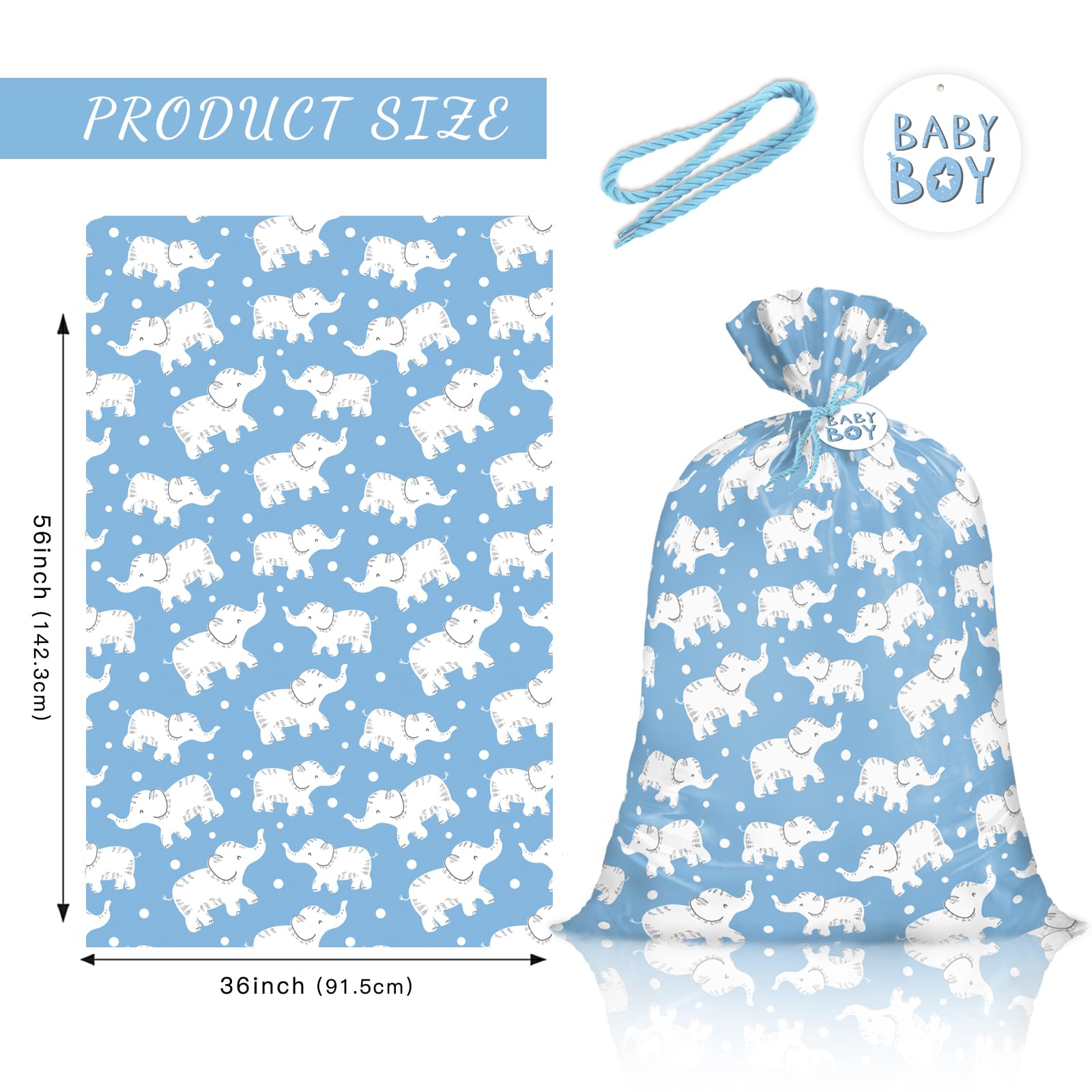 Loveinside Jumbo Large Plastic Gift Bag, Baby Boy Elephant Design Plastic Bag with Tag and Tie for Birthday, Baby Shower and Holiday - 56" x 36", 1 Pcs - Elephant Blue