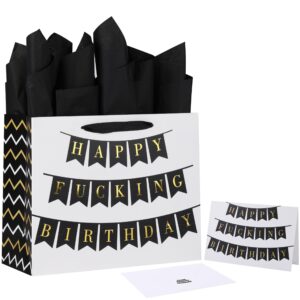 13" large white gift bag set with greeting card and tissue papers (happy fucking birthday) for women's or men's birthday party, funny adult humor gift bag - 13”x5.2”x10.2”,1 pcs.