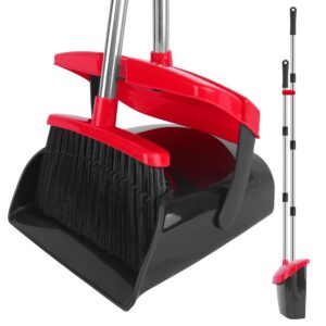 broom with dustpan combo set,uduk 51'' long handle broom with standing dustpan for home, heavy duty broom and dustpan set with lid and cleaning teeth, ideal for pet store kitchen indoor outdoor (red)