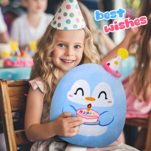 Houwsbaby 12'' Blue Happy Birthday Penguin Plush Pillow,Penguin Stuffed Animal Toy Holding a Cake,Cute Birthday Gift Decoration for Kids' Birthday Parties Boys Girls