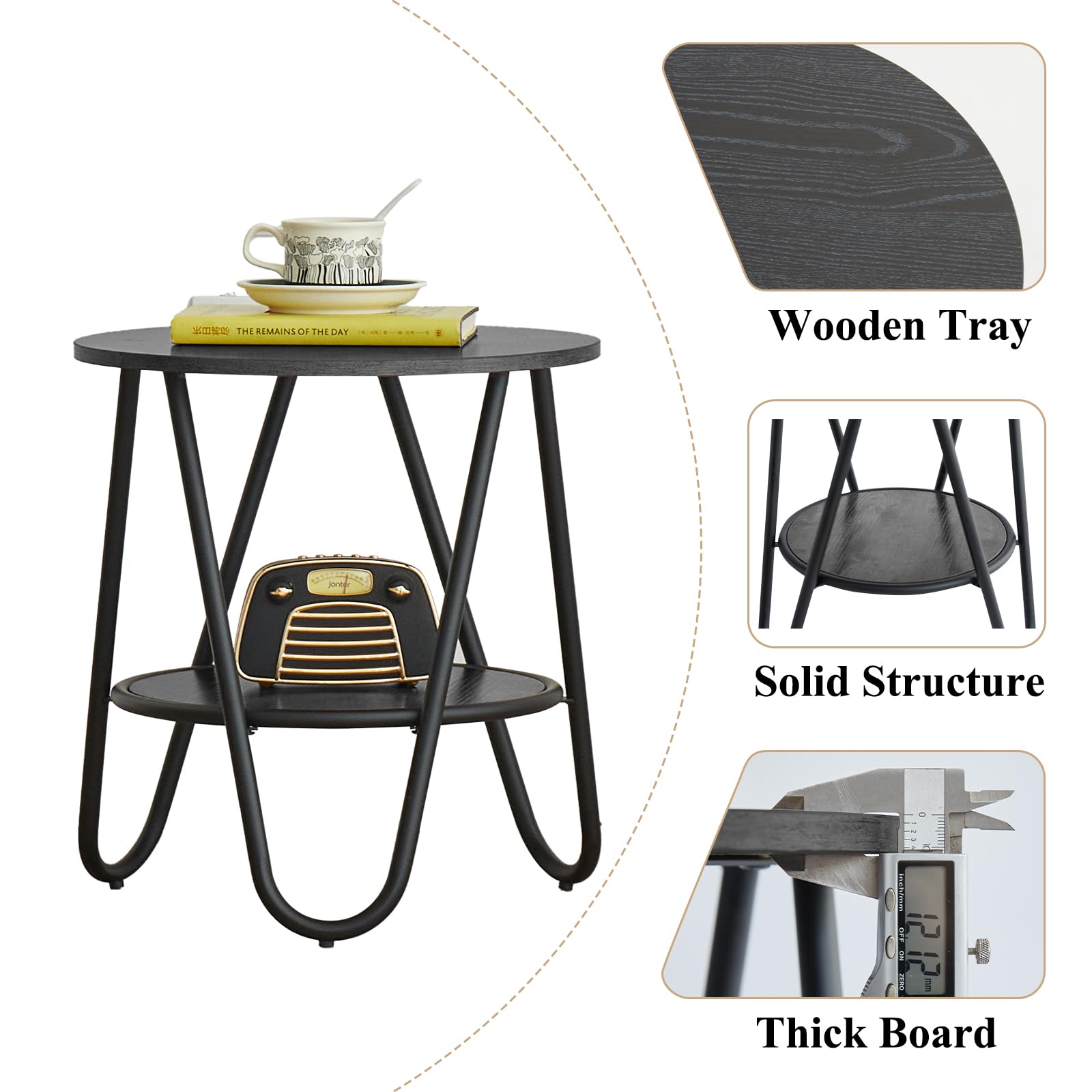 Leesingdo 2 Tier Round End Table, Black End Table with Metal Frame for Small Spaces, Accent Coffee Table, Sofa Table, Nightstand Table for Living Room, Bedroom