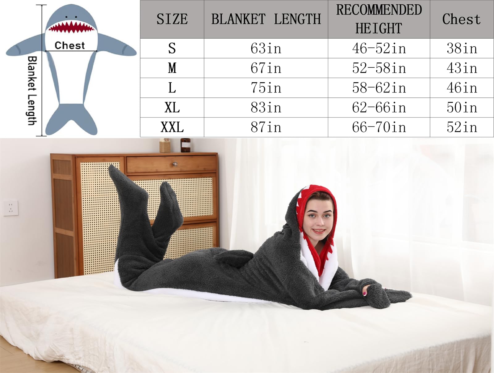 Yaruing Shark Wearable Blanket, Flannel Blanket Hoodie Onesie for Adult & Kids,Hooded Blanket with Sleeves, Soft Cozy Cosplay