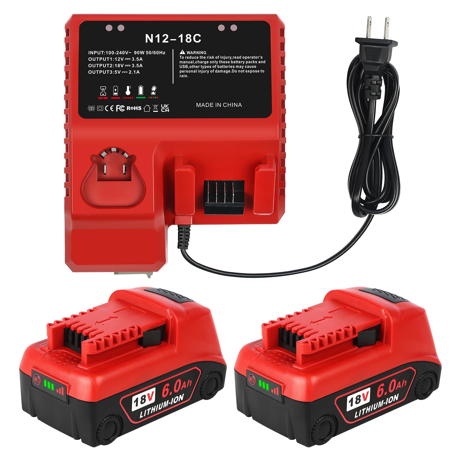 2Pack 6.0Ah Replacement for Milwaukee M18 Battery and Charger Kit Compatible with Milwaukee 18V Battery Cordless Power Tools 48-11-1852 48-11-1850 48-11-1840 48-11-1890 48-11-1828 and Original Charger