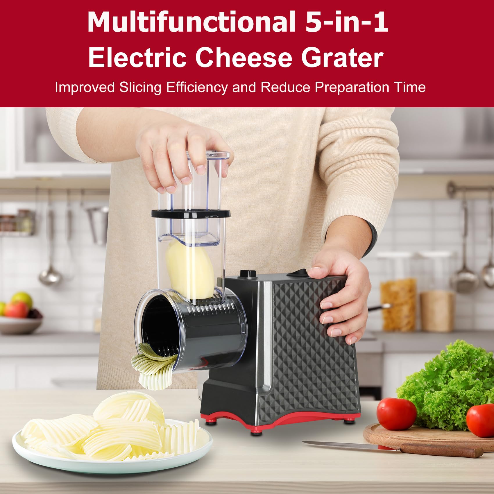 250W Professional Electric Cheese Grater for Block Cheese,Automatic Cheese Grater for Potato,Carrots,Salad Shooter Electric Slicer Shredder with 5 Types of Blades,Your Nice Kitchen Helper!