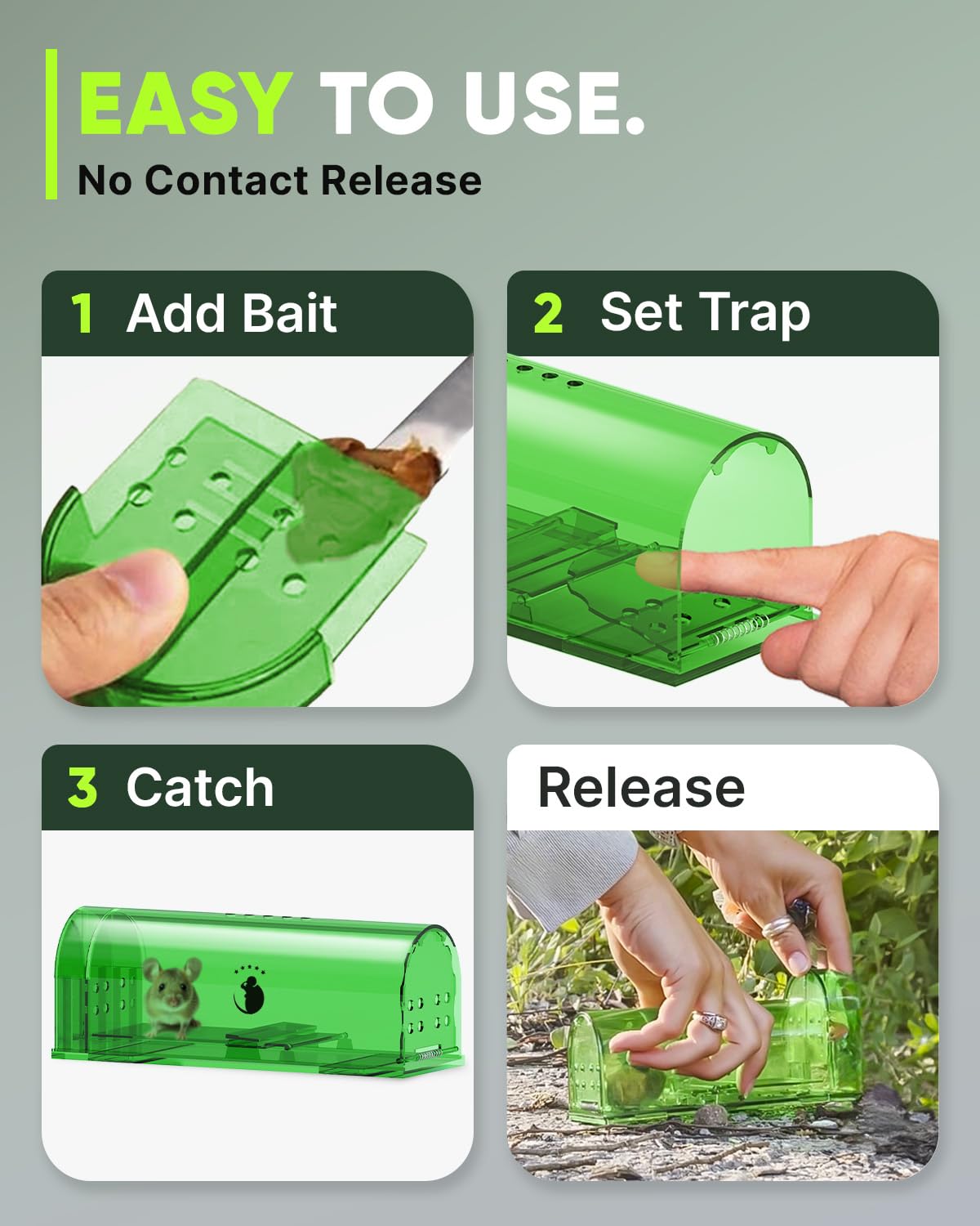 Motel Mouse Humane Mouse Traps No Kill Live Catch and Release 4 Pack - Reusable, Easy to Use & Clean, No Touch Release, Sensitive Includes Cleaning Brush, Instruction Manual & Video - Mousetrap Indoor