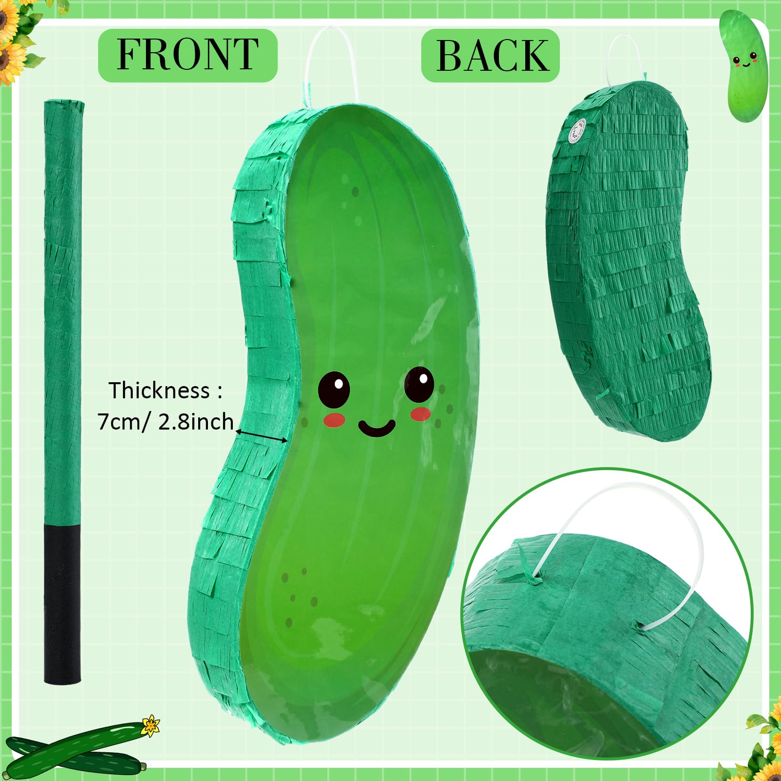 Sonwyoung Pickle Piñata for Kids Birthday Party 15.7 x 6.7 x 2.8 Inches Cucumber Theme Piñata with Bat Blindfold and Confetti for Baby Shower Photo Props Cinco De Mayo Fiesta Decoration