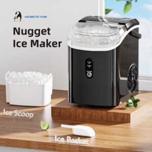 Antarctic Star Nugget Countertop Ice Maker with Soft Chewable Pellet Ice, 34Lbs/24H, Pebble Portable Ice Machine, Self-Cleaning, One Button Operation, for Kitchen, Bar Stainless Steel Black