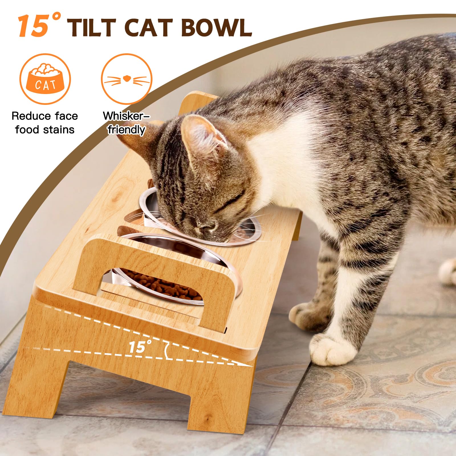 Elevated Cat Food Bowl, 3 Stainless Steel Raised Cat Bowls with Stand, 15°Tilted Cat Bowl for Indoor Cats, Cat Food and Water Bowl Set, Anti Vomitting, Whisker Fatigue and Dishwasher Safe - Natural