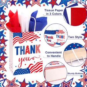 Veterans Day Gift Bags Patriotic Thank You Bags with Handles and Tissue Paper Red White Blue 4th of July Goodie Bags Paper Treat Goodie for Memorial Day Independence Day 16 Pcs