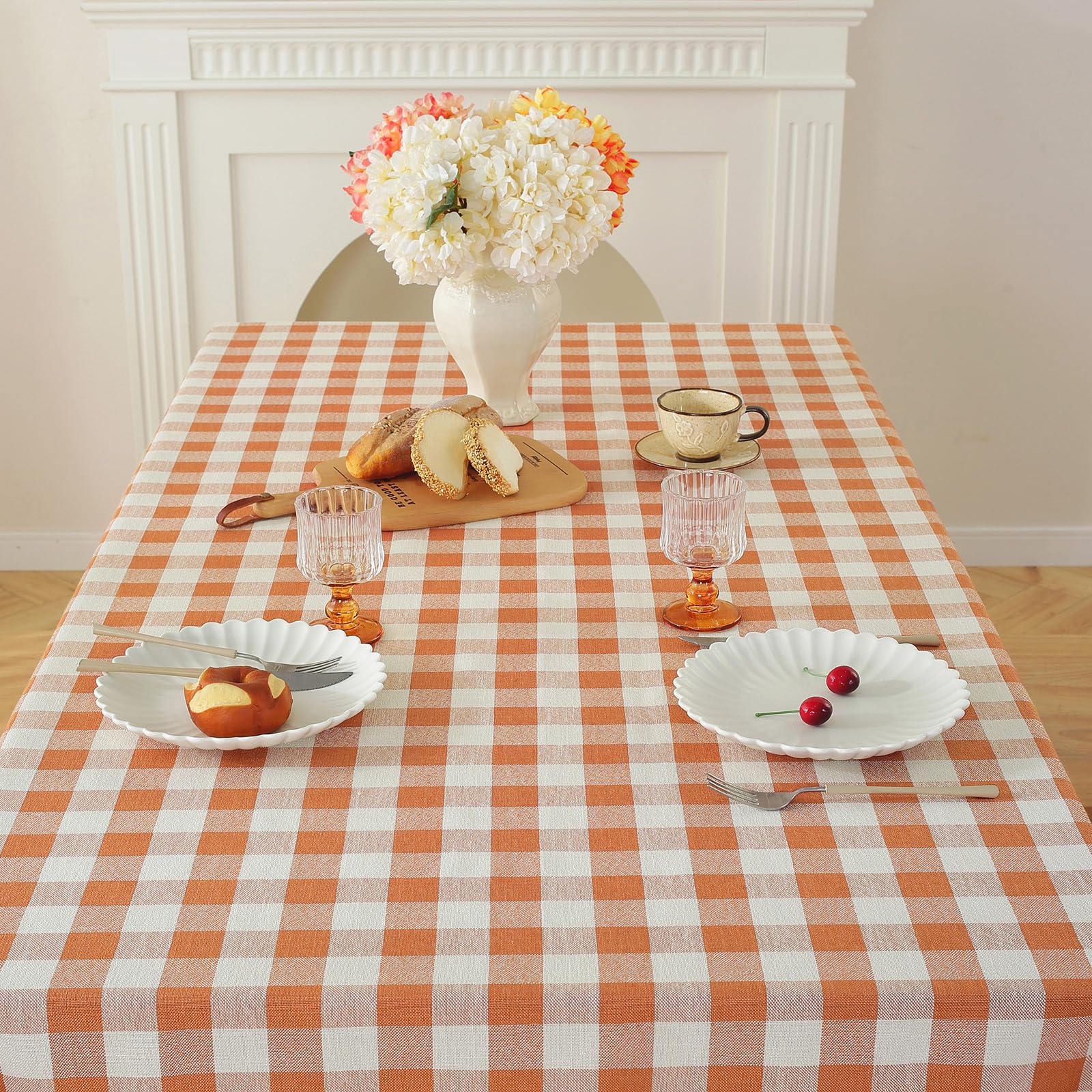 Alsoo Checkered Tablecloth Rectangle Cotton Linen Fabric Fall Gingham Table Cloth Heavy Duty Buffalo Plaid Table Cover with Tassel Washable for Kitchen Dining Holiday Party, Orange and White, 55X75''