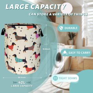 Cute Dachshunds Laundry Hamper With Handles Foldable Oxford Cloth Dog Paw Print Tote Bag Colorful Laundry Basket Clothes Toy Storage Bucket18.9" x 16.5" For Bathroom/Laundry/Bedroom