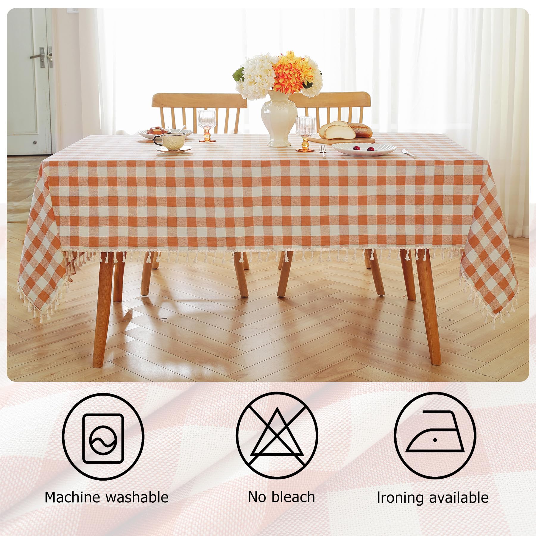 Alsoo Checkered Tablecloth Rectangle Cotton Linen Fabric Fall Gingham Table Cloth Heavy Duty Buffalo Plaid Table Cover with Tassel Washable for Kitchen Dining Holiday Party, Orange and White, 55X75''