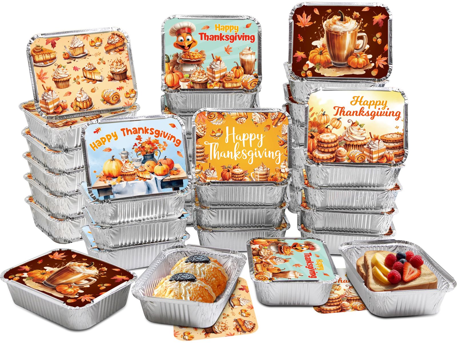 WorldBazaar Thanksgiving Aluminum Containers with Lids 36PCS Thanksgiving Leftover To Go Containers Disposable Fall Turkey Foil Pans Food Sacks Storage Thanksgiving Party Supplies