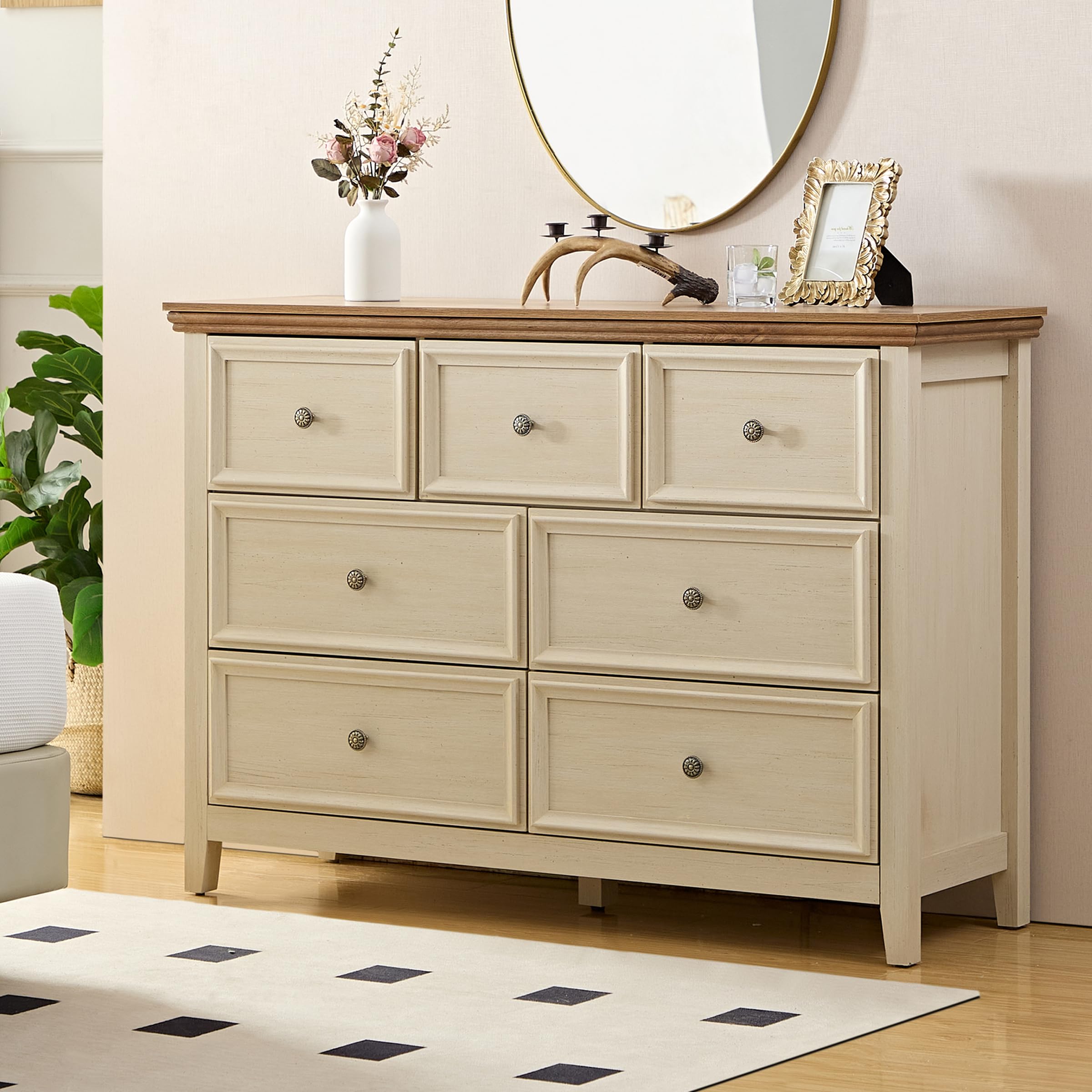 BLANKSPACE 7 Drawer Dresser, Modern Farmhouse Dresser Chest of Drawer for Bedroom, Chest of Drawers Storage Cabinet for Living Room, Entryway, Hallway, Beige