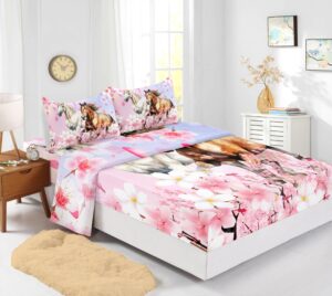 xynhml kids galloping horse fitted sheet set 4pcs full animal theme handsome horse chic cherry blossom bed sheet wild animal bed cover for boy girl includes 1 fitted sheet,1 flat sheet,2 pillowcases