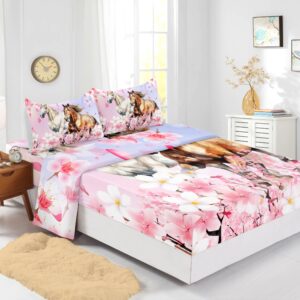 XYNHML Kids Galloping Horse Fitted Sheet Set 4Pcs Full Animal Theme Handsome Horse Chic Cherry Blossom Bed Sheet Wild Animal Bed Cover for Boy Girl Includes 1 Fitted Sheet,1 Flat Sheet,2 Pillowcases