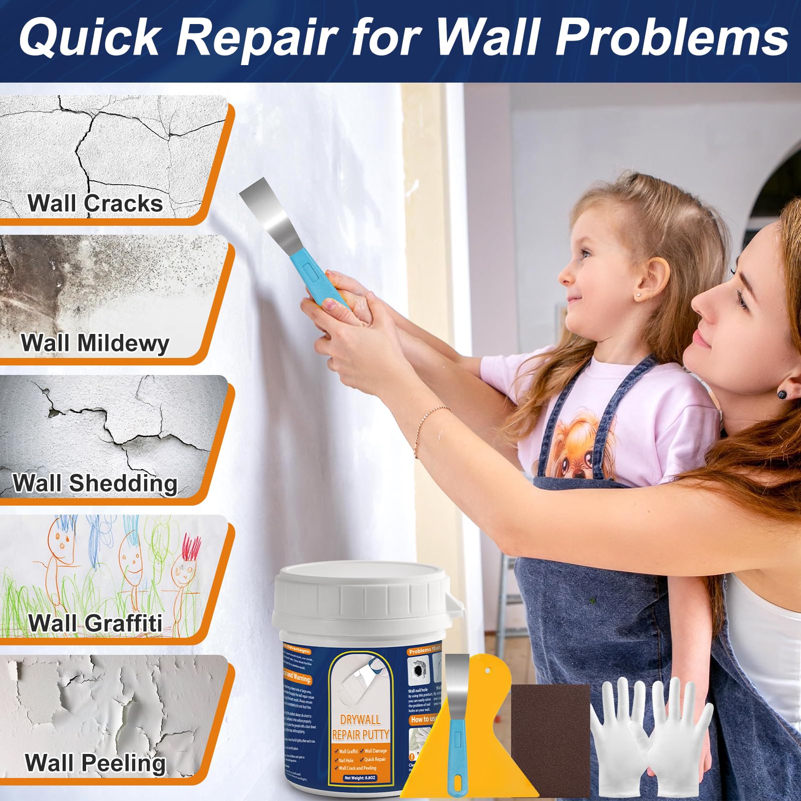 Drywall Repair Kit 8.8OZ Spackle Wall Repair Kit with Scraper Sanding Pad to Quick Fix Wall Surface Holes and Creak Damage Wall Mending Agent for Home Wall Putty Plaster Dent Wood Scratch Repair