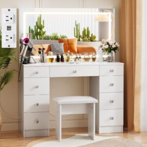 vowner vanity with lighted mirror - makeup vanity desk with power outlet and 9 drawers, 3 color lighting modes adjustable brightness, 43" vanity table with soft cushioned stool for bedroom, white