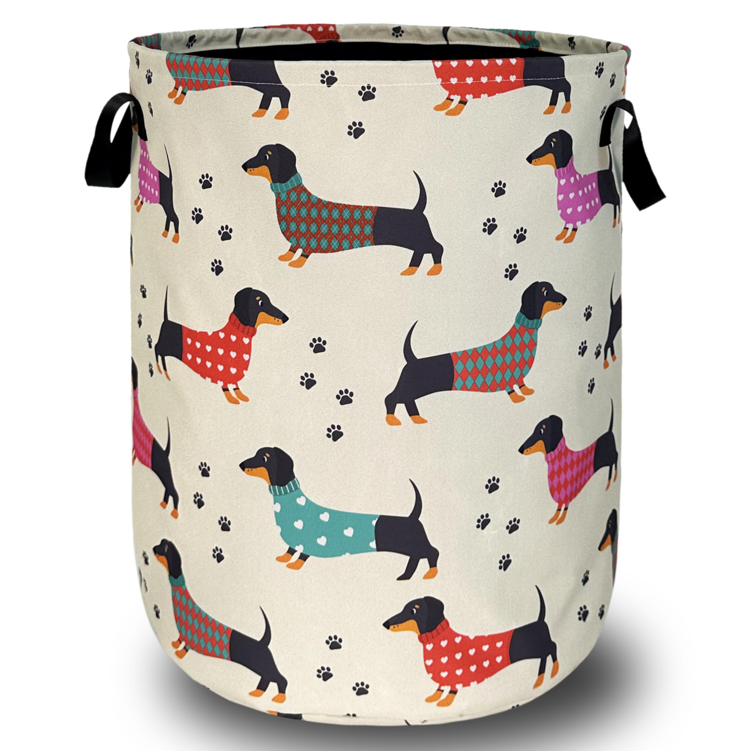 Cute Dachshunds Laundry Hamper With Handles Foldable Oxford Cloth Dog Paw Print Tote Bag Colorful Laundry Basket Clothes Toy Storage Bucket18.9" x 16.5" For Bathroom/Laundry/Bedroom