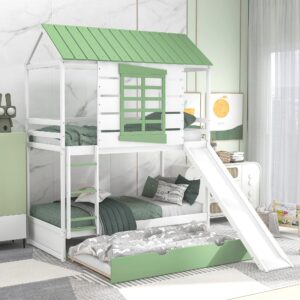 bovza twin over twin house bunk bed with slide and trundle, wood playhouse bunk bed frame with convertible slide and ladder for kids girls boys, green