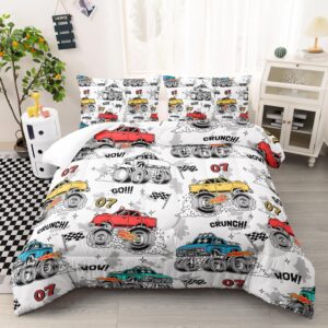 ailonen monster trucks white comforter set twin size, cartoon truck car printed bedding set for kids,boys,extreme sports duvet set,3-piece, 1 quilt and 2 pillowcases