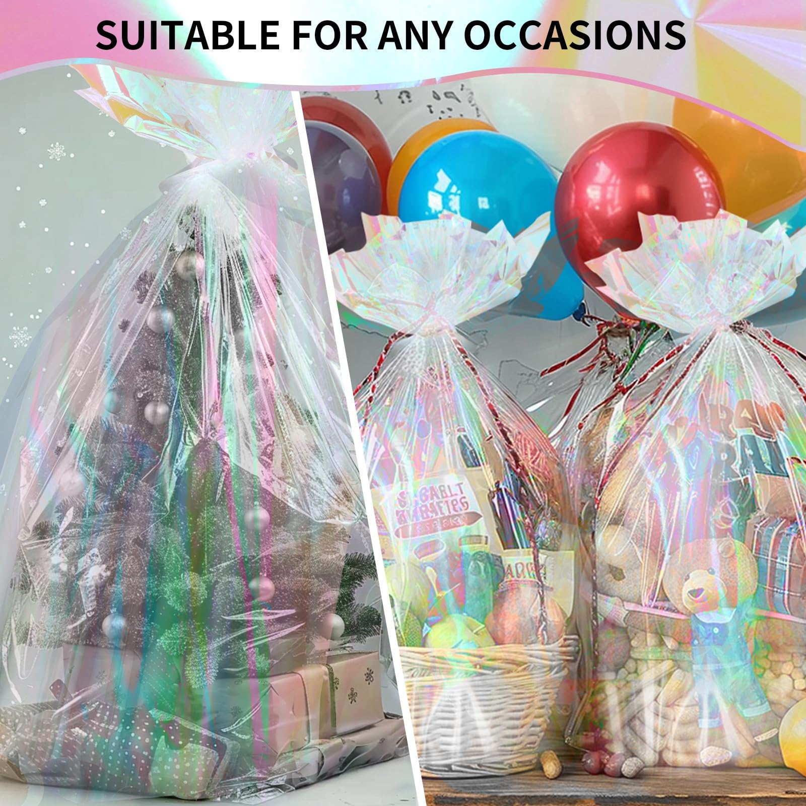 Iridescent Extra Large Cellophane Bags 40x50 Inch 3 PCS Cellophane Treat Bags Cellophane Wrap For Gift Baskets 2.5 Mil Thick