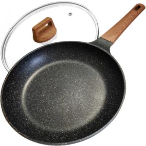 feipone non stick frying pan with lid, skillet for omelette cooking, granite cast aluminum chef pan with induction bottom