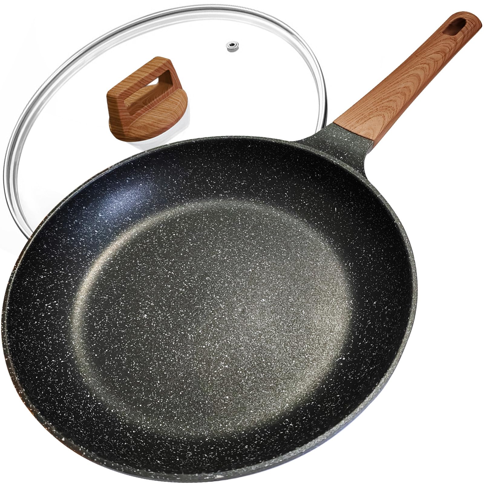 Feipone Non Stick Frying Pan with Lid, Skillet for Omelette Cooking, Granite Cast Aluminum Chef Pan with Induction Bottom