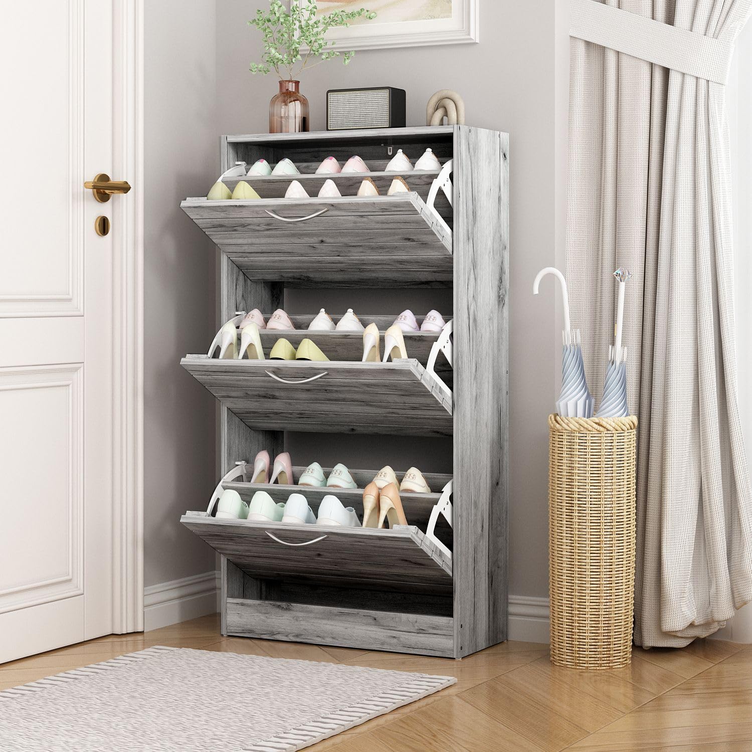 TAMUNE Small Shoe Cabinet with 3 Flip Drawers, Slim Shoe Storage Cabinet Shoe Organizer, Louvered Surface, No Backboard, for Entryway Grey (22.4”W x 9.4”D x 42.3”H)