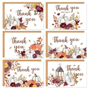 whaline 36 pack fall thank you card watercolor floral pumpkin leaves greeting cards with envelope sticker blank note cards for autumn thanksgiving wedding, 4 x 6 inch