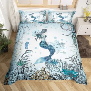 feelyou mermaid bedding set king size ocean life sea animal comforter cover set for kids boys girls children princess decor bedding duvet cover set room decor fish scales bedspread cover 3pcs