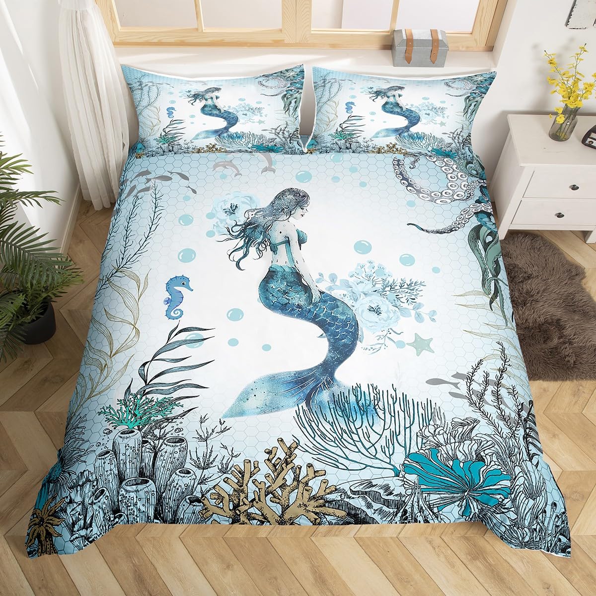 Feelyou Mermaid Bedding Set King Size Ocean Life Sea Animal Comforter Cover Set for Kids Boys Girls Children Princess Decor Bedding Duvet Cover Set Room Decor Fish Scales Bedspread Cover 3Pcs