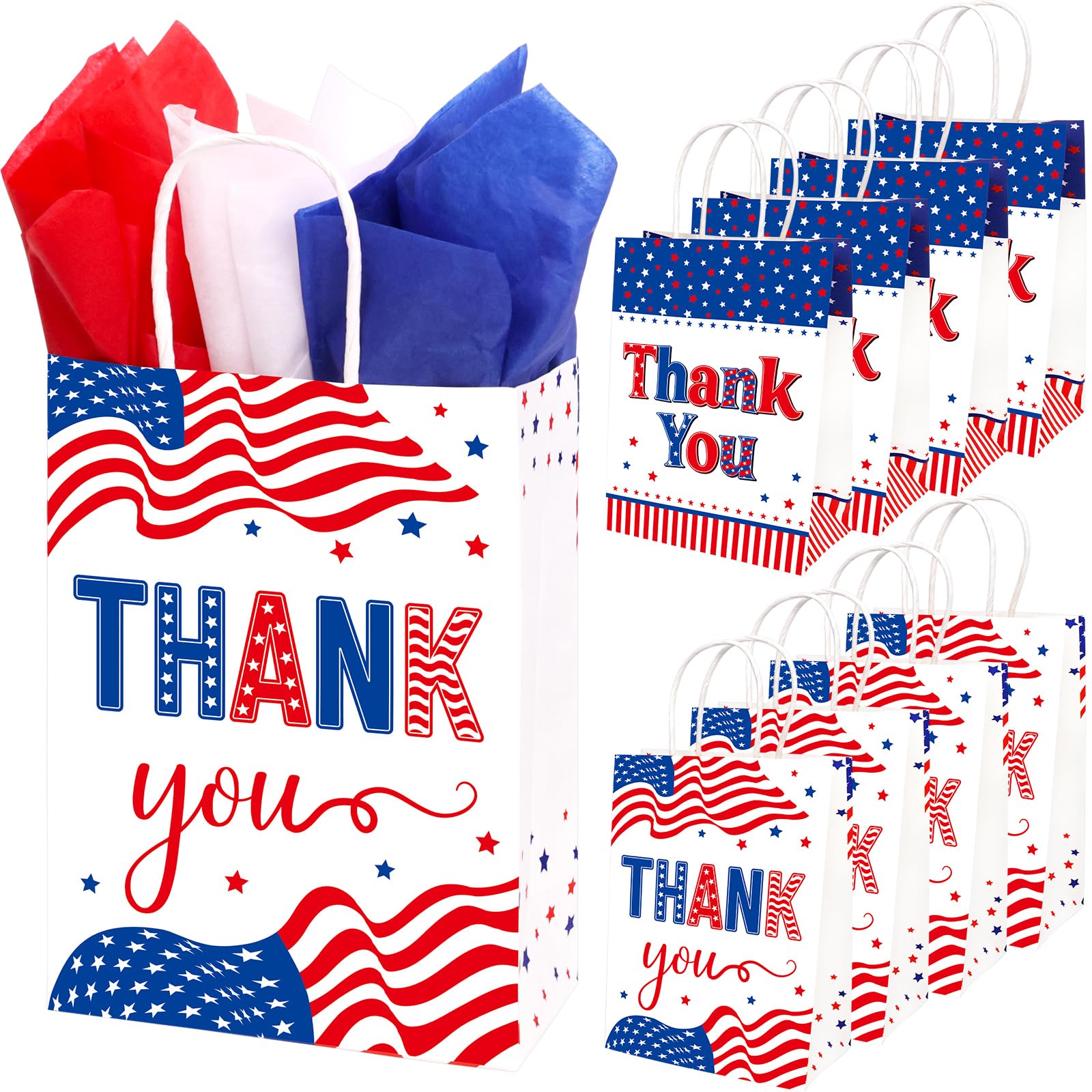 Veterans Day Gift Bags Patriotic Thank You Bags with Handles and Tissue Paper Red White Blue 4th of July Goodie Bags Paper Treat Goodie for Memorial Day Independence Day 16 Pcs