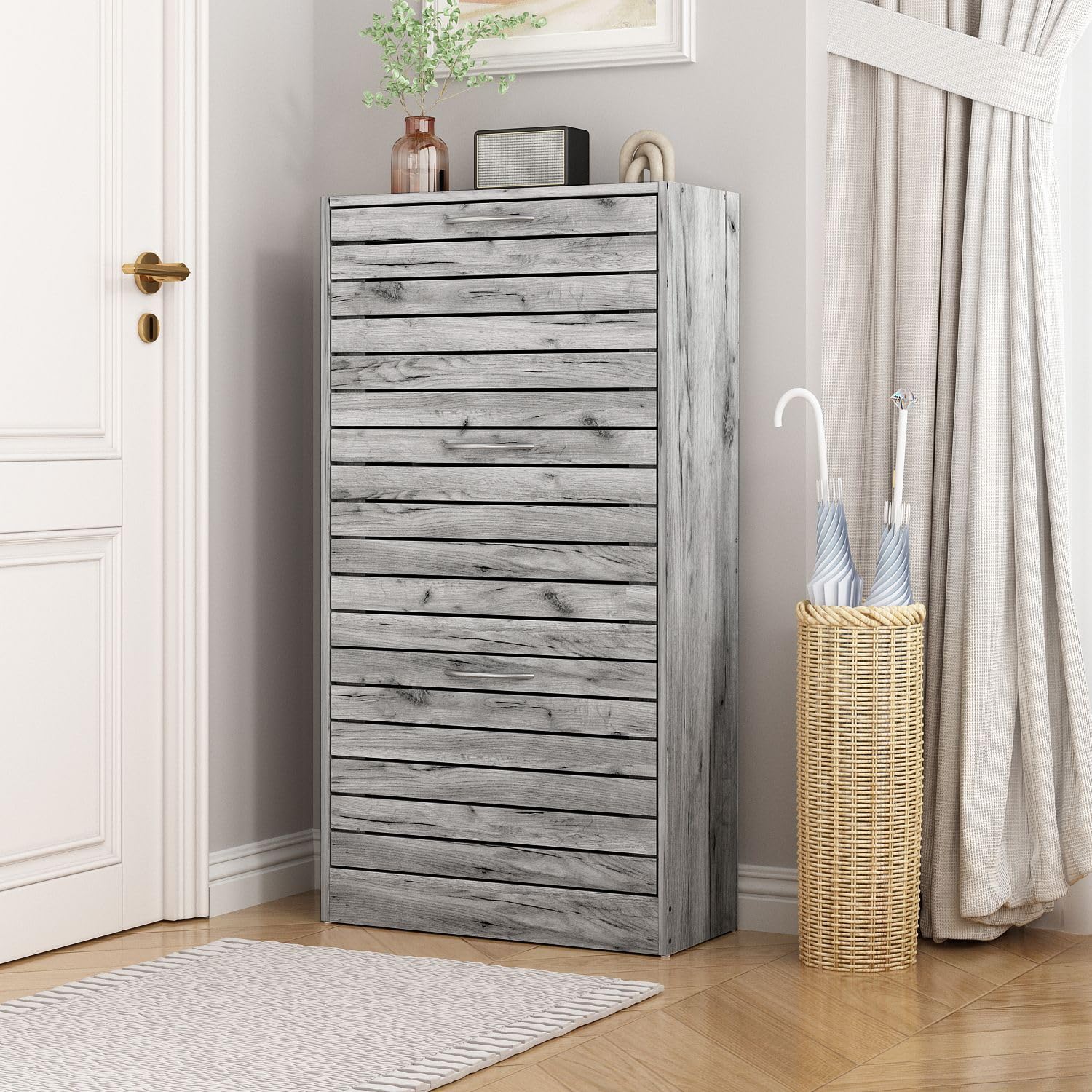 TAMUNE Small Shoe Cabinet with 3 Flip Drawers, Slim Shoe Storage Cabinet Shoe Organizer, Louvered Surface, No Backboard, for Entryway Grey (22.4”W x 9.4”D x 42.3”H)