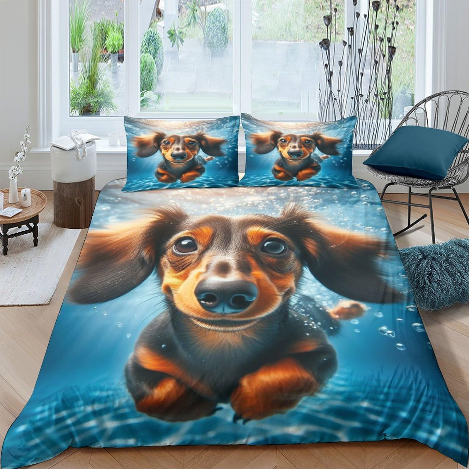 THUBDYEA Dachshund Comforter Covers 3D PrintedPet Dog Bedding Set Quilt Cover Duvet Cover 3 Pieces for Childrens and Adults Microfiber with Pillowcases with Zipper Closure Full（203x228cm）, Style-26