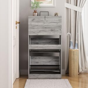 TAMUNE Small Shoe Cabinet with 3 Flip Drawers, Slim Shoe Storage Cabinet Shoe Organizer, Louvered Surface, No Backboard, for Entryway Grey (22.4”W x 9.4”D x 42.3”H)