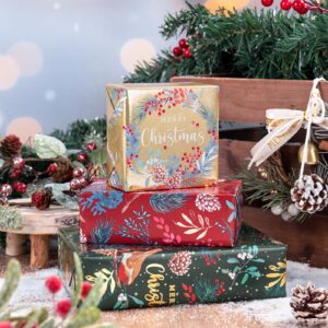 WRAPAHOLIC Christmas Wrapping Paper Roll - Mini Roll - 3 Rolls - 17 Inch x 120 Inch Per Roll - Bird, Christmas Garland, Holly and Pinecones Holiday Design with Metallic Foil Shine