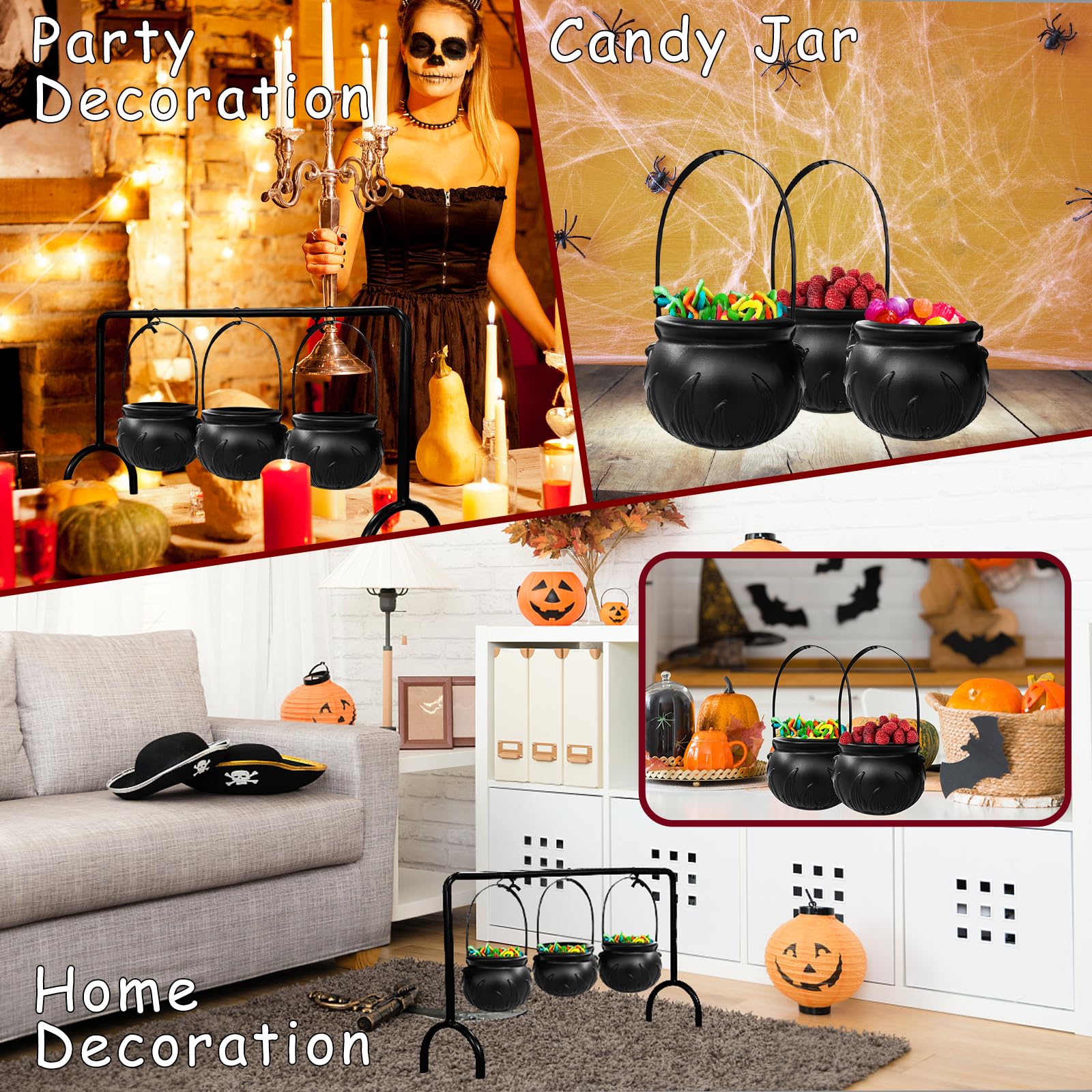 Zddaoole Halloween Cauldrons Serving Bowl Decor,Set of 3 Hanging Black Plastic Cauldron Bowls on Rack,Candy Punch Bowl Halloween Witches Cauldron for Home Kitchen Hocus Pocus Party Decorations Indoor