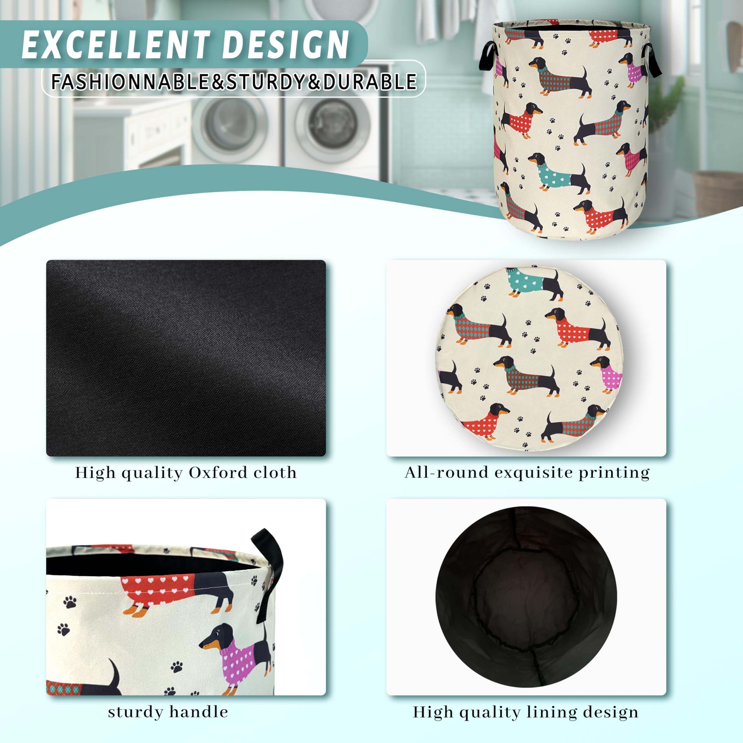 Cute Dachshunds Laundry Hamper With Handles Foldable Oxford Cloth Dog Paw Print Tote Bag Colorful Laundry Basket Clothes Toy Storage Bucket18.9" x 16.5" For Bathroom/Laundry/Bedroom