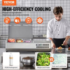 VEVOR, 130 W Countertop Refrigerated Condiment Station, with 1 1/3 4 1/6 Pans, 304 Body and PC Lid, Sandwich Prep Table Guard, ETL, Stainless 40in, Silver