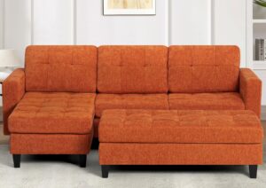 acmease 84" chenille convertible sectional sofa w/movable ottoman bench, 3 seats l shaped couch w/reversible chaise lounge,modern upholstered sofa w/tufted cushions for apartment, living room, orange