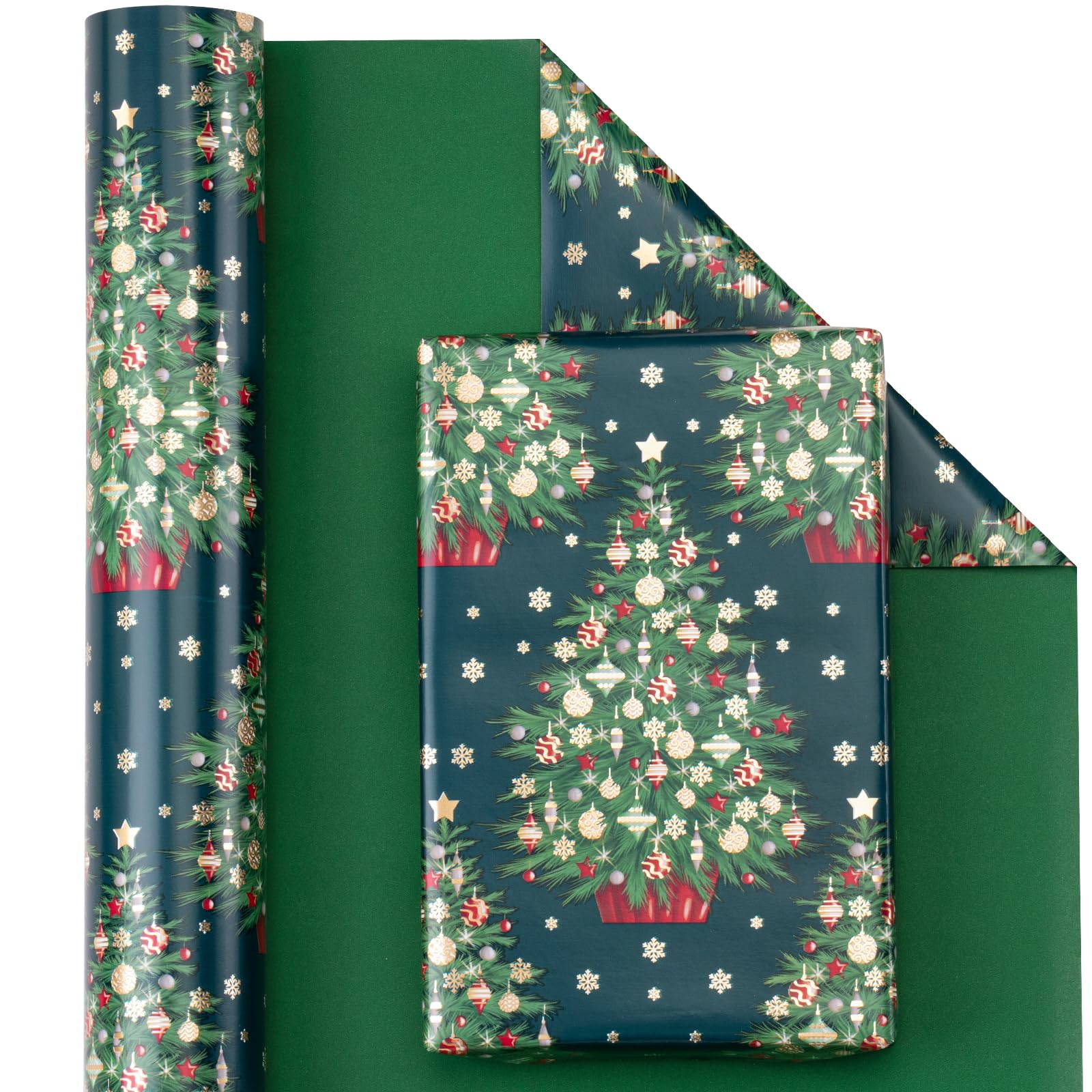 WRAPAHOLIC Reversible Christmas Wrapping Paper - Mini Roll - 17 Inch x 33 Feet - Green Christmas Tree Design for for Christmas, Holiday