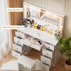 VOWNER Vanity with Lighted Mirror - Makeup Vanity Desk with Power Outlet and 9 Drawers, 3 Color Lighting Modes Adjustable Brightness, 43" Vanity Table with Soft Cushioned Stool for Bedroom, White